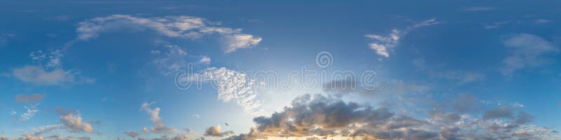 Dark Blue Sunset Sky Panorama with Golden Cumulus Clouds. Seamless Hdr ...