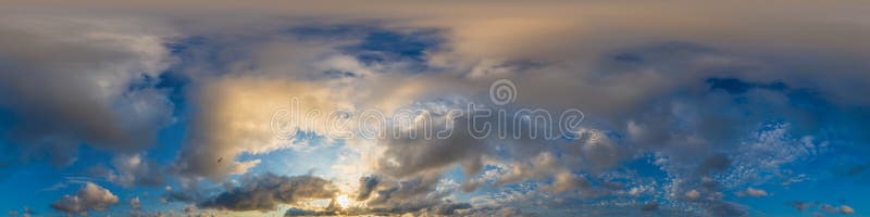 Dark Blue Sunset Sky Panorama with Golden Cumulus Clouds. Seamless Hdr ...