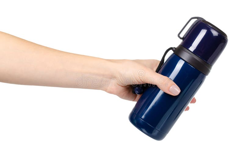 Dark Blue Thermos with Mug. Isolated on White Stock Photo - Image of ...