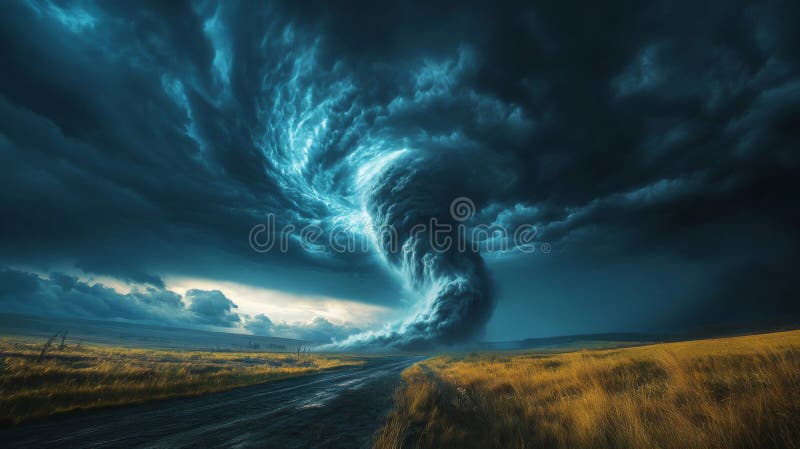 Dark Blue Tornado Over Rural Landscape at Sunset Stock Illustration ...