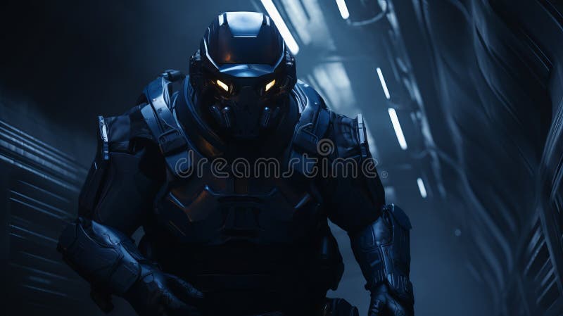 Dark Blue Uniformed Juggernaut Walking in Corridor Image Stock ...