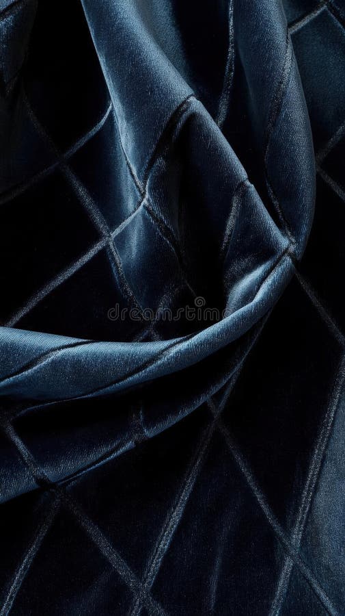 Dark Blue Velvet Fabric Flows and Folds with a Subtle Diamond Pattern ...