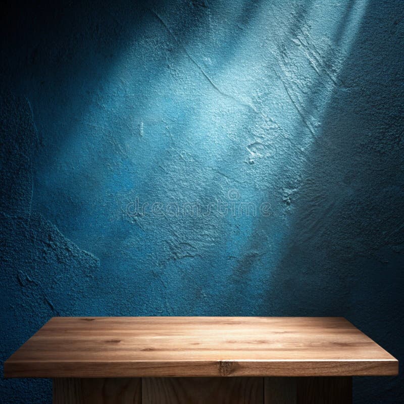 Dark Blue Wall with Empty Table for Product Presentation Stock ...