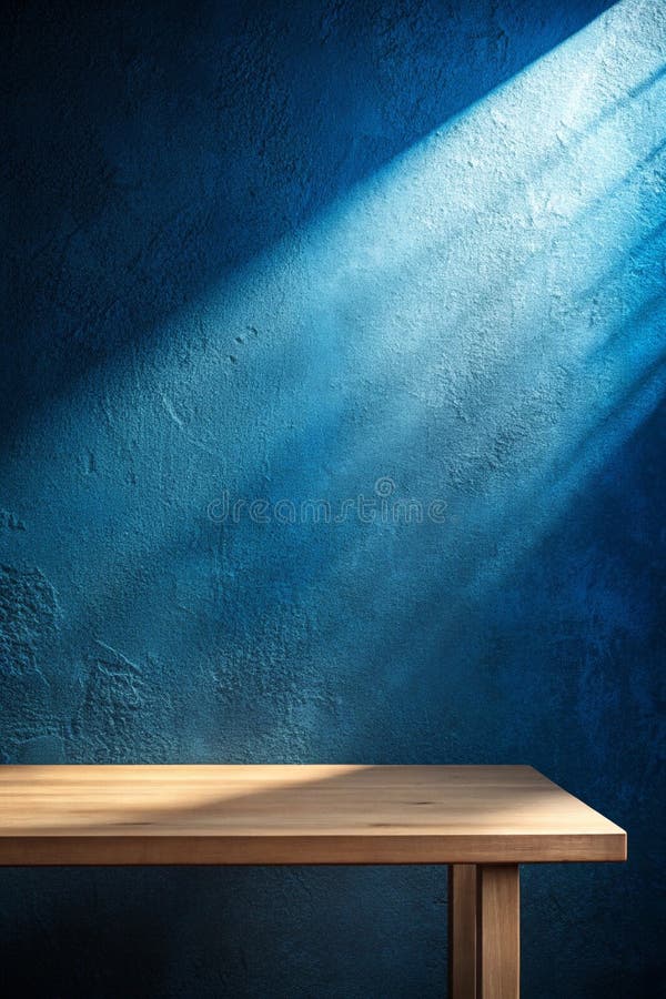 Dark Blue Wall with Empty Table for Product Presentation Stock ...