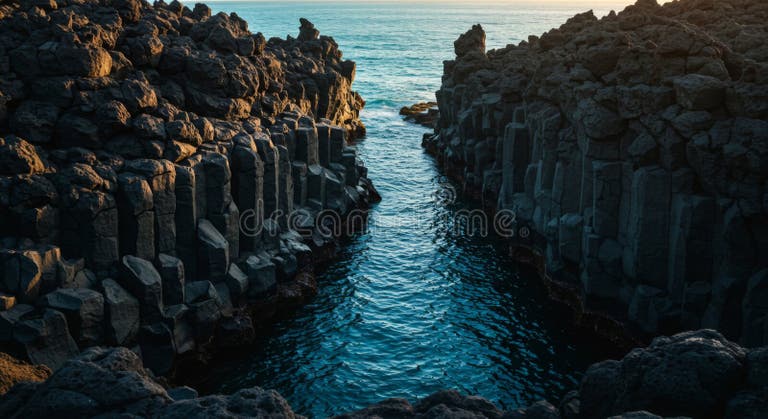 Dark Blue Water between Columnar Basalt Rock Formations Stock ...