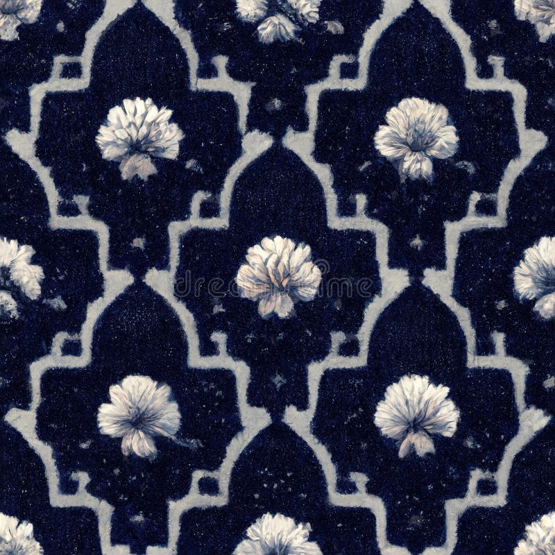 Dark Blue and White Floral Seamless Pattern with Texture of Carpet ...