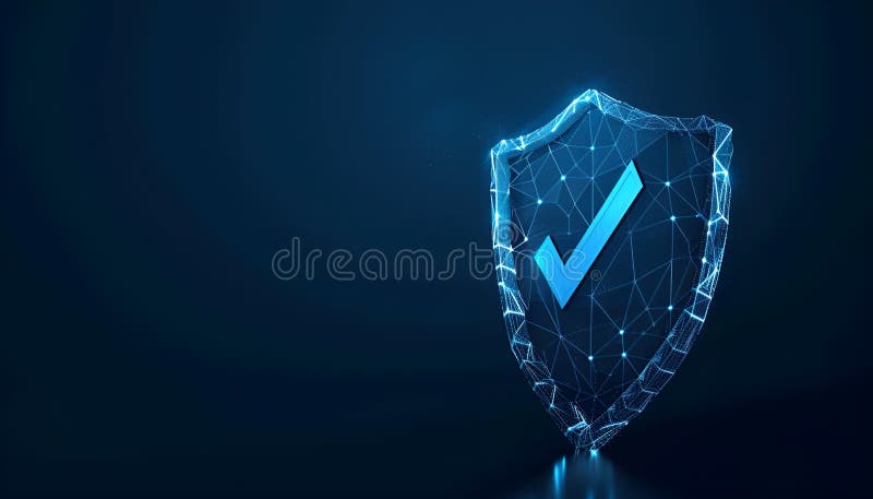 Dark Blue Wireframe Shield with Checkmark Secure Cybersecurity Symbol ...