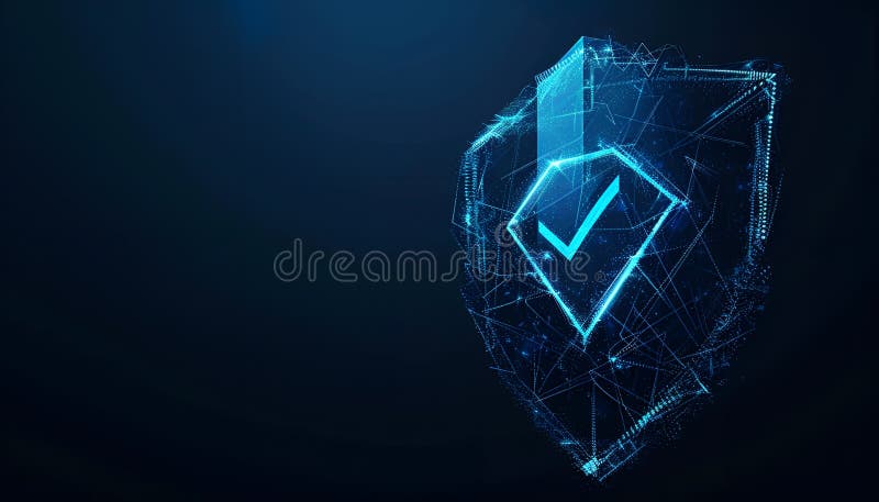 Dark Blue Wireframe Shield with Checkmark Secure Cybersecurity Symbol ...