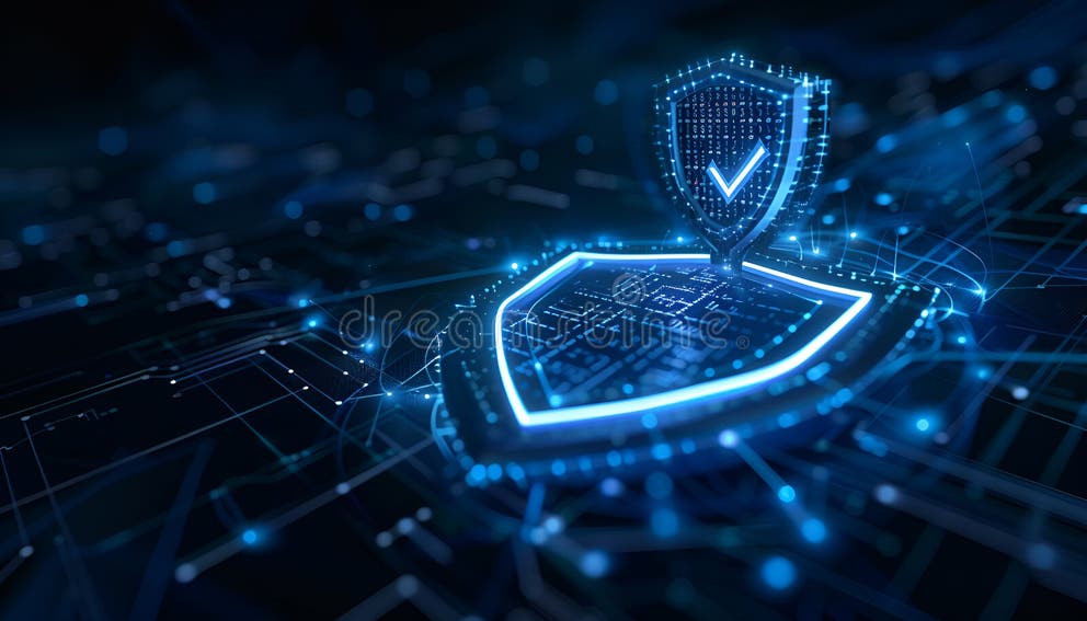 Dark Blue Wireframe Shield with Checkmark Secure Cybersecurity Symbol Concept Stock Image ...