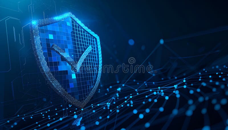 Dark Blue Wireframe Shield with Checkmark Secure Cybersecurity Symbol ...
