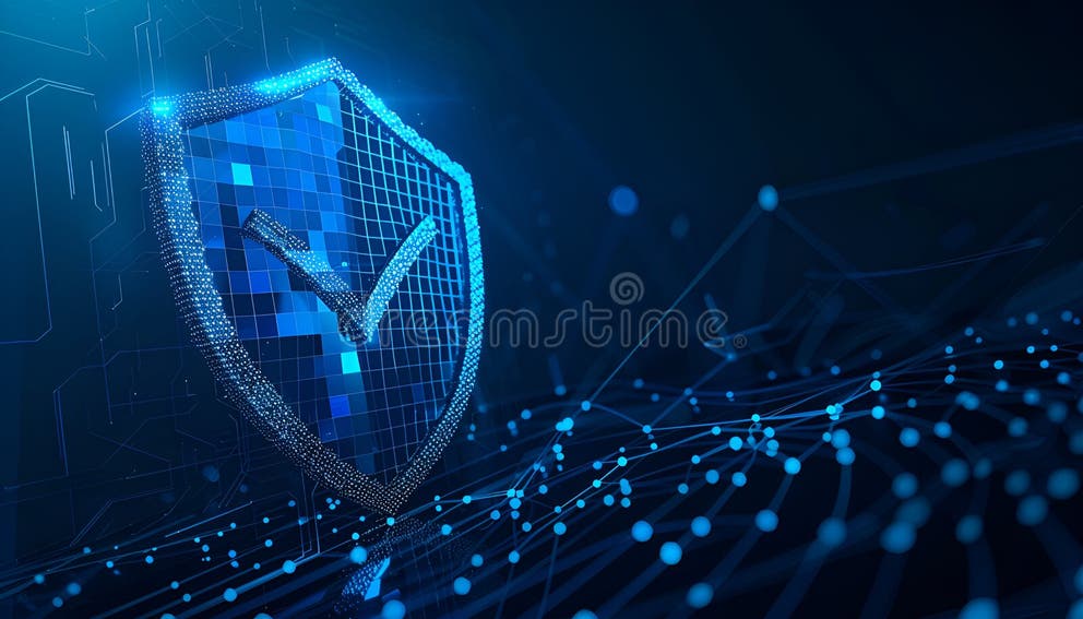 Dark Blue Wireframe Shield with Checkmark Secure Cybersecurity Symbol Concept Stock Photo ...