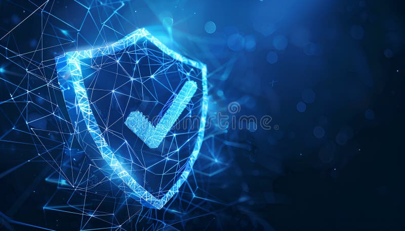 The Secure Cybersecurity Symbol is a Dark Blue Wireframe Shield with a ...