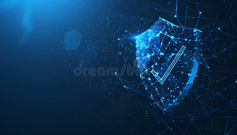 Dark Blue Wireframe Shield with Checkmark Secure Cybersecurity Symbol ...