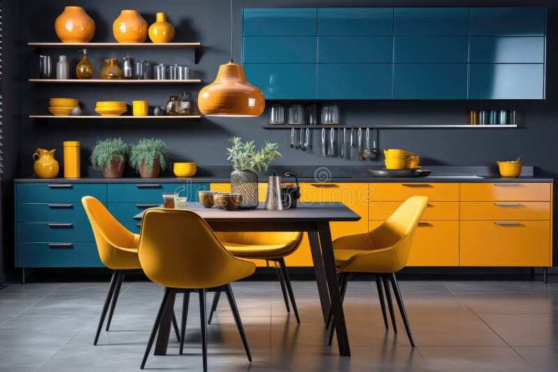 Dark Blue and Yellow Kitchen, Modern Interior Design Style. Stock ...