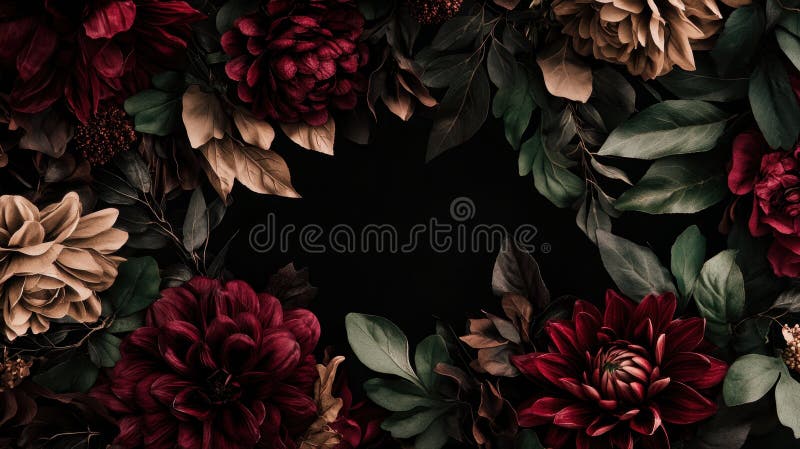 Dark Botanical Background with Red Flowers and Foliage Frame Stock ...