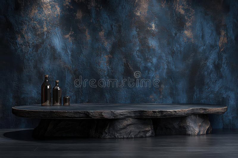 Dark Bottles Sit on Stone Table with Rustic Dark Blue Textured ...