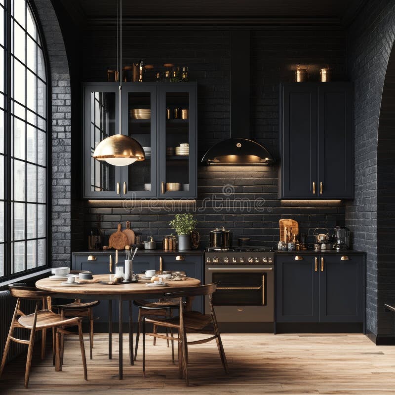 Dark Brick Walls, a Wooden Table, and Sleek Cabinets Define Rustic ...