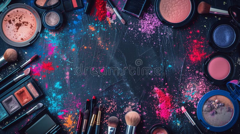 Dark Bright Backdrop with Diverse Makeup Products and Cosmetics, with ...