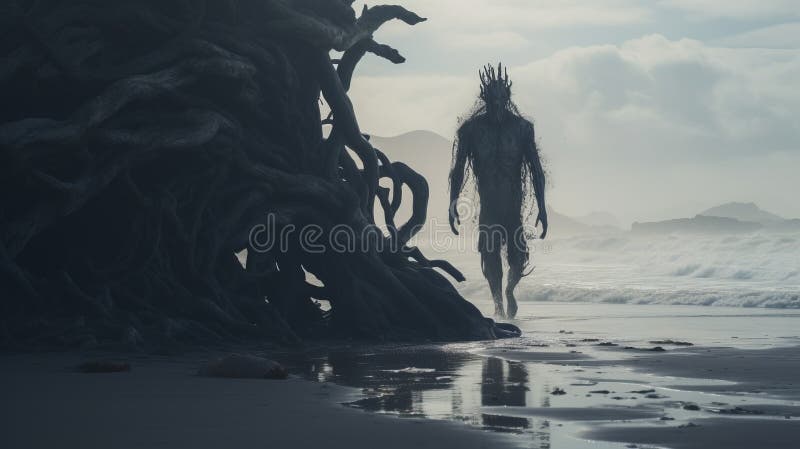 Dark and Brooding Forest Creature Walking on Sandy Beach Stock ...