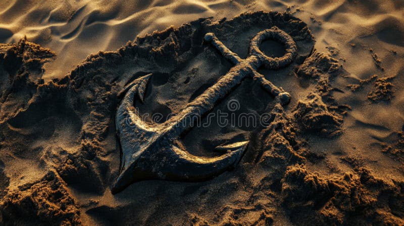 Dark Brown Anchor in Golden Sand at Sunset Beach Stock Illustration ...