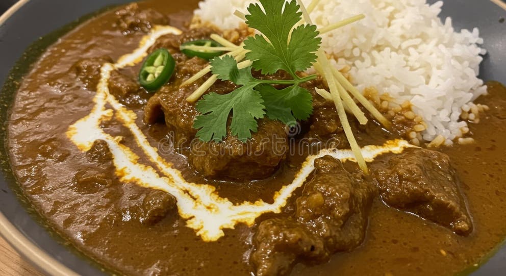 Dark Brown Beef Curry with Rice and Cilantro Garnish Stock Illustration ...