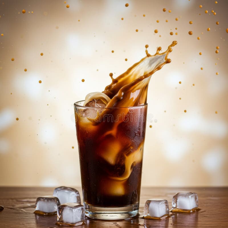 Dark Brown Cola Drink Splashing in Glass with Ice Cubes Stock ...