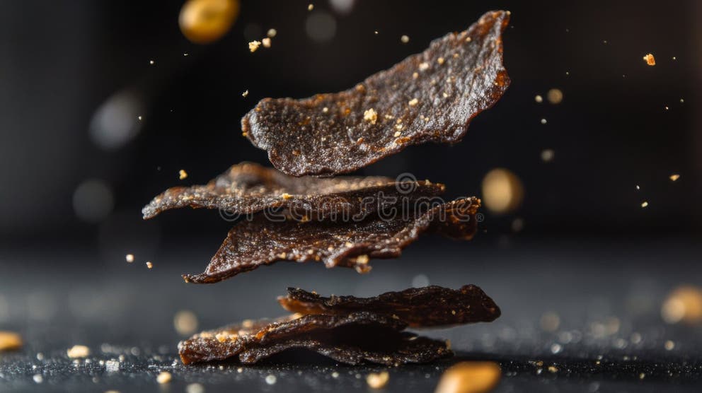 Dark Brown Crispy Meat Jerky Snacks in Air Stock Illustration ...