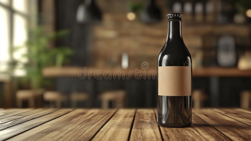Dark Brown Glass Beer Bottle on Wooden Table in Bar Setting Stock ...