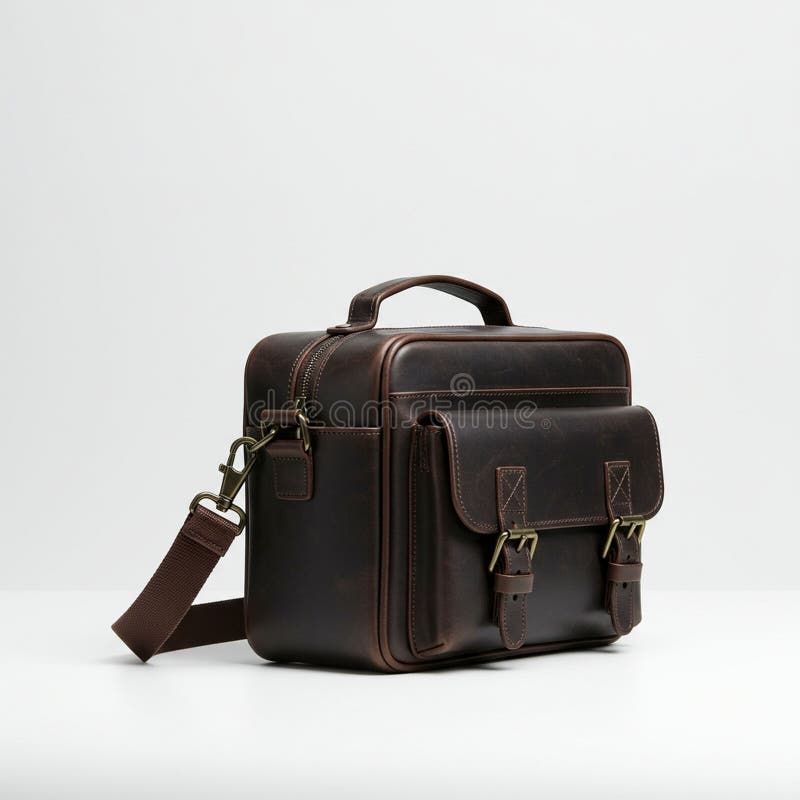 A Dark Brown Leather Camera Bag with a Structured, Rectangular Design ...