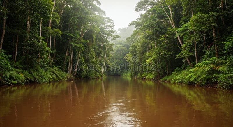 Dark Brown River in a Lush Green Rainforest Stock Illustration ...
