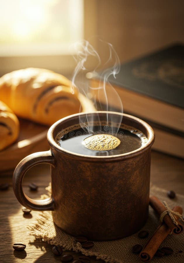 Dark Brown Rustic Mug of Steaming Coffee with Croissants and Cinnamon Stock Illustration ...