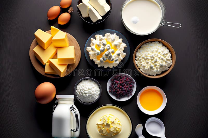 Dark Brown Table Filled with Dairy Product Cheese and Butter Stock ...