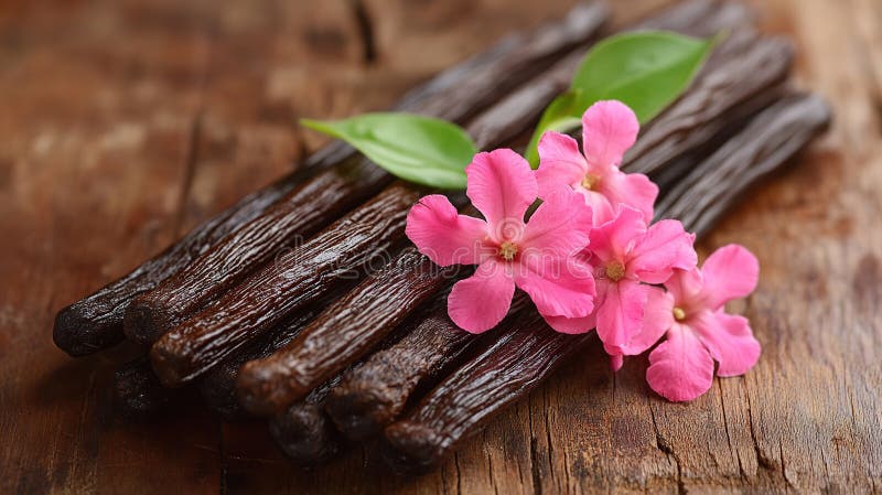 Dark Brown Vanilla Pods with Pink Flowers Stock Illustration ...