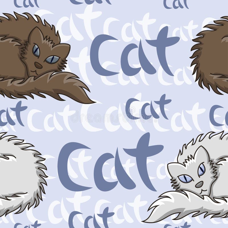 Dark Brown and White Fluffy Cat Seamless Pattern. Vector Illustration ...