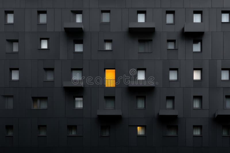 Dark Building Facade with One Illuminated Balcony at Night Stock ...