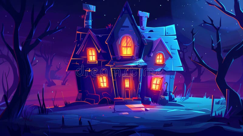 In the Dark, a Building with Glowing Windows, Cartoon Modern ...