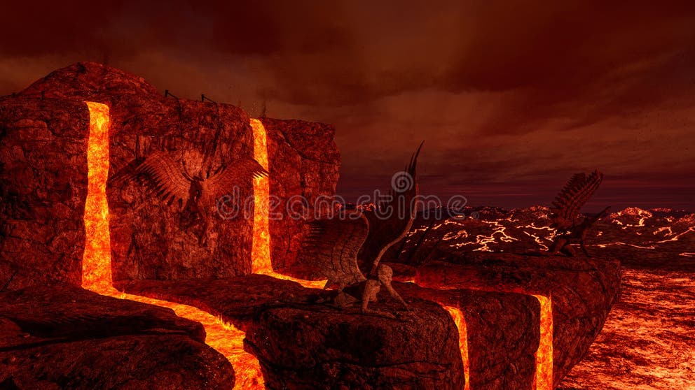 3D Illustration of a Dark Burning Hell Landscape with Lava Flows Stock ...