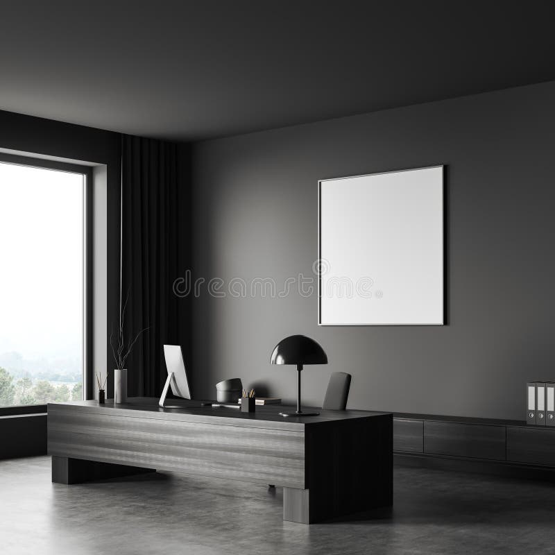 Dark Business Room Interior with Desk and Computer, Panoramic Window ...