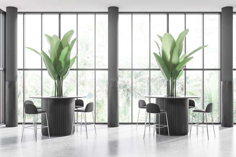Dark Cafe Interior with Panoramic Windows with Countryside View Stock ...