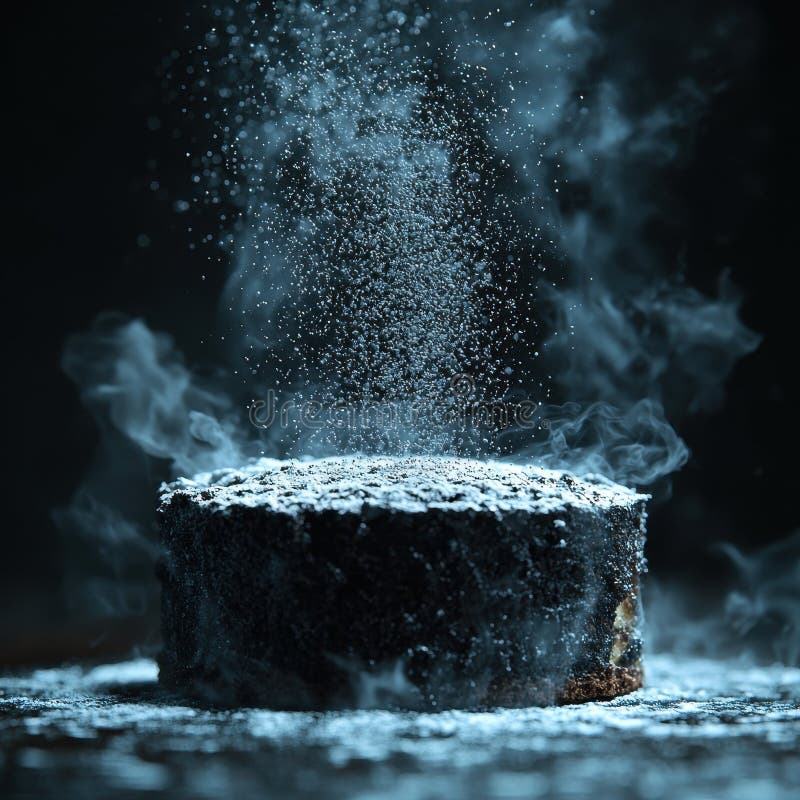 Dark Cake with Sugar Dust Falling Artistically Stock Image - Image of ...