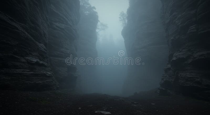 Dark Canyon Path Shrouded in Dense Fog Stock Illustration ...