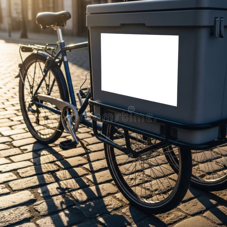 A Dark Cargo Bicycle with a Large Storage Box and a Blank White Panel ...