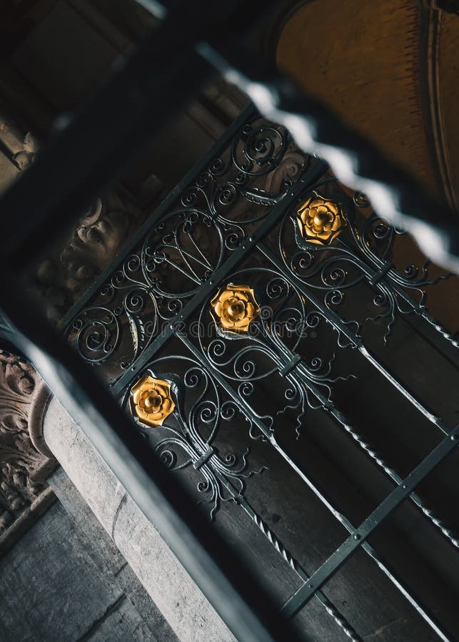 Dark Cast Iron Gate with Golden Rose Ornaments Stock Photo - Image of ...
