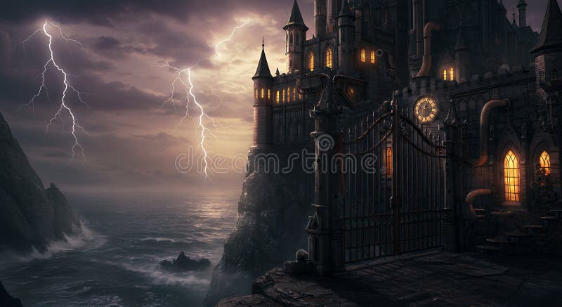 Dark Castle on Cliffside during Stormy Sunset Stock Photo - Image of ...