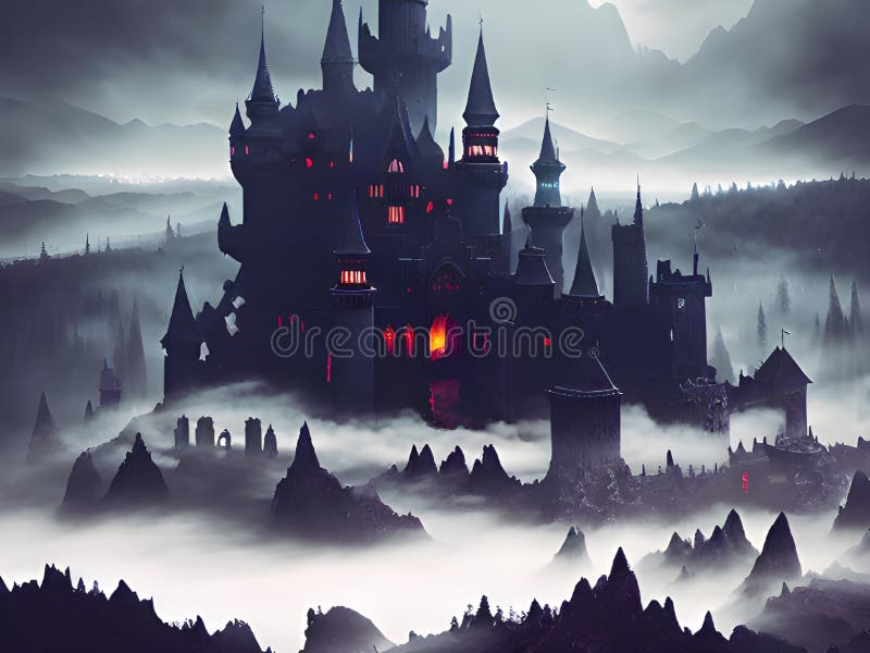 Dark Castle with Clouds in Fog, AI Generated Stock Illustration ...