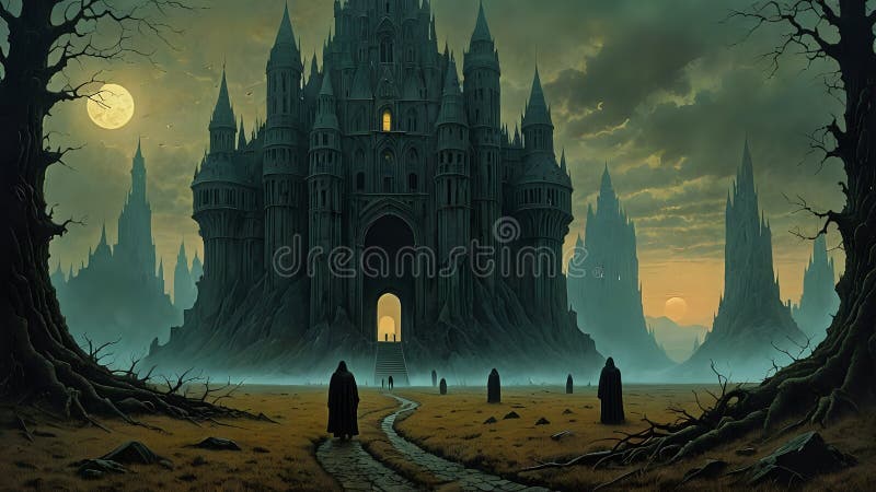 Dark Castle at Dusk Beksi?ski Style Stock Illustration - Illustration ...