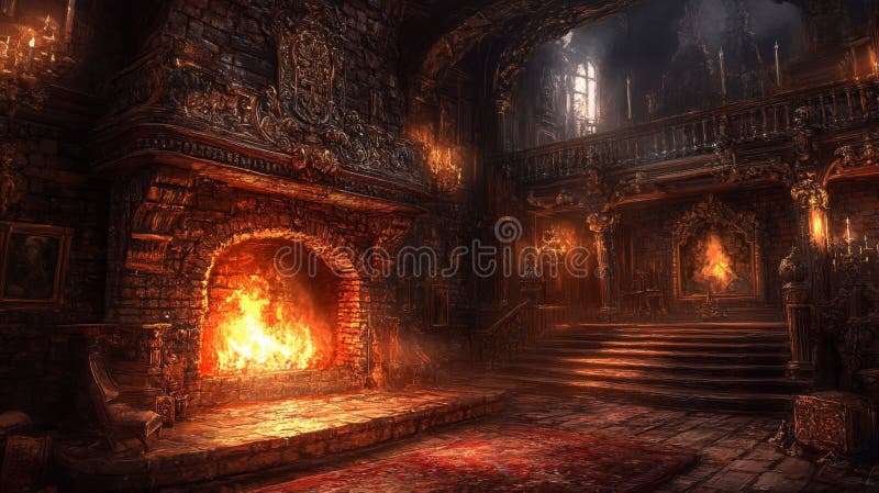 Dark Castle Interior with Glowing Fireplace Stock Illustration ...