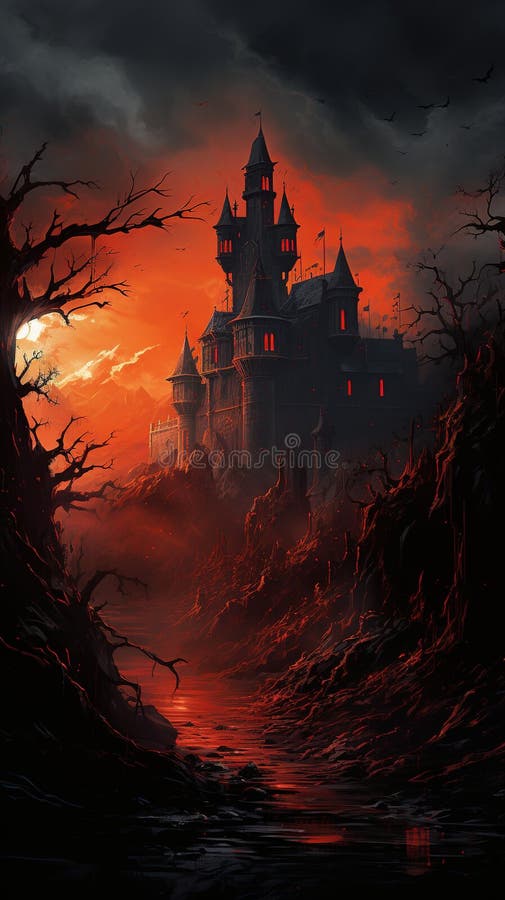 A Dark Castle at Night Full of Dead Trees and Scary Generative AI Stock ...