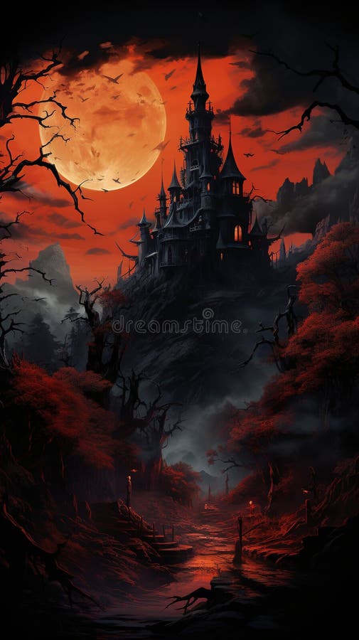 A Dark Castle at Night Full of Dead Trees and Scary Generative AI Stock ...