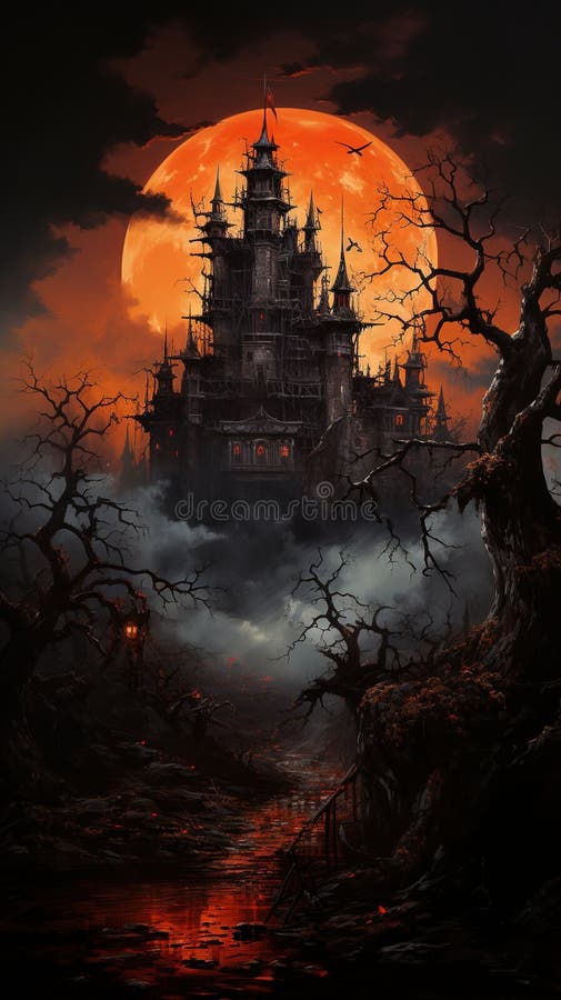 A Dark Castle at Night Full of Dead Trees and Scary Generative AI Stock ...